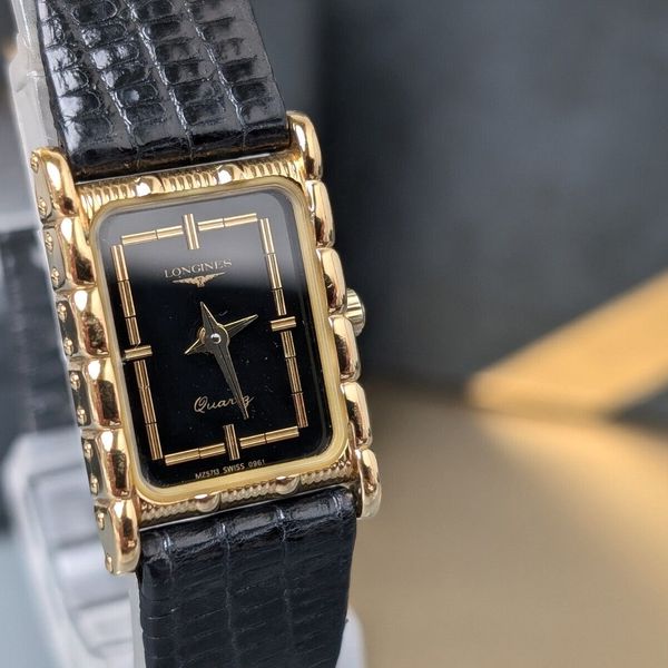 Rare! LONGINES CMZ Black Dial Gold Quartz Tank Women Watch Vintage 17mm ...