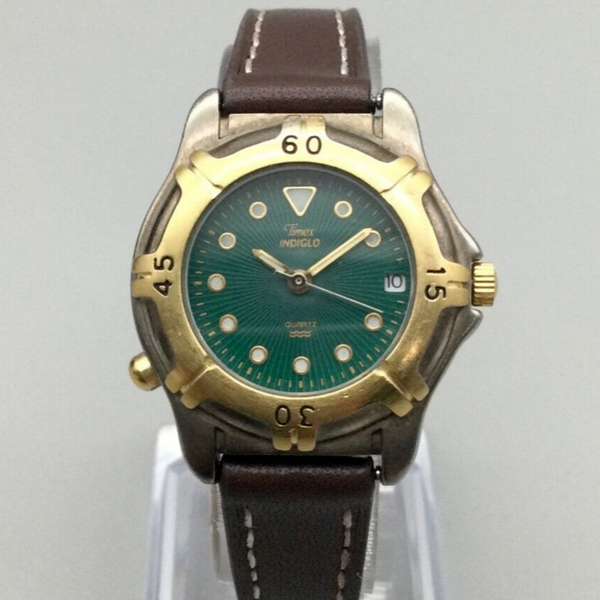 Vtg Timex Watch Women Indiglo 28mm Green Dial Date Leather Band 1995 ...