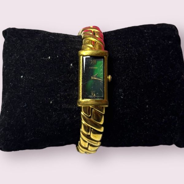 Seiko Watch Women 14mm Green Dial Gold Tone Rectangle 2E20-7259 New ...