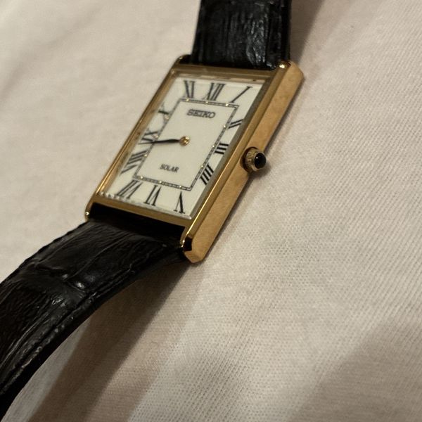 SEIKO SOLAR SUP880 V115-0BC0 Roman White Dial Tank 28mm Quartz Mens ...