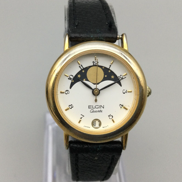 Vintage Elgin Moon Phase Watch Women Gold Tone Date Leather Band New ...