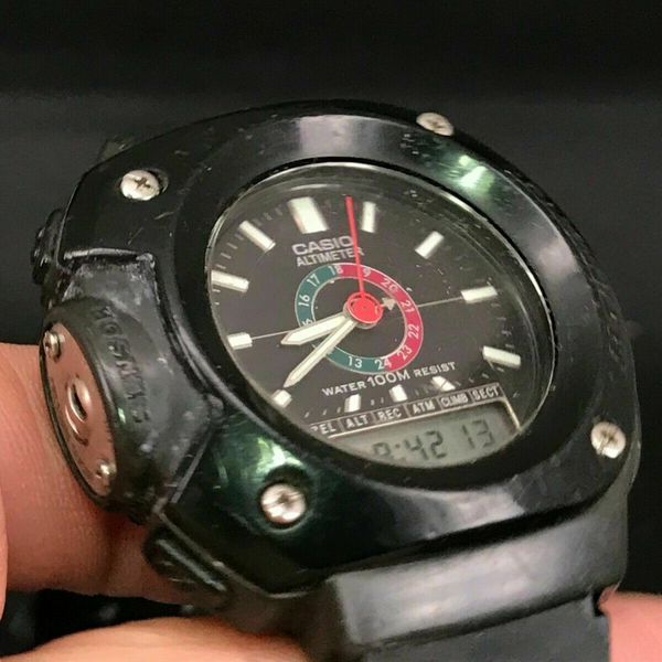 VINTAGE RARE CASIO ALTIMETER 1818 AW-360 DUAL TIME QUARTZ MEN'S BLACK ...