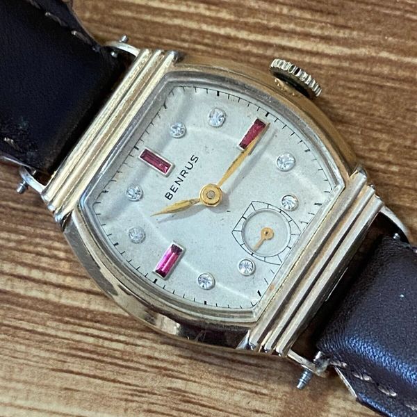 VINTAGE BENRUS DIAMOND AND RUBY DIAL MENS WATCH FOR REPAIR 10K ROLLED ...