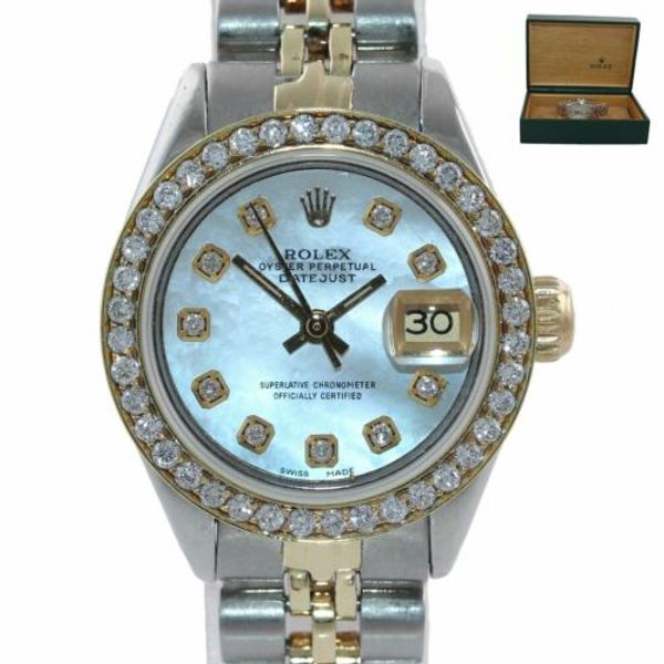 Diamond Ladies Rolex DateJust 26mm 6917 14k Yellow Gold Steel MOP Dial ...