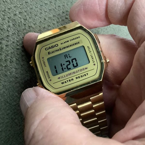Casio A168 lcd quartz mens watch new batt light chronograph alarm gold ...