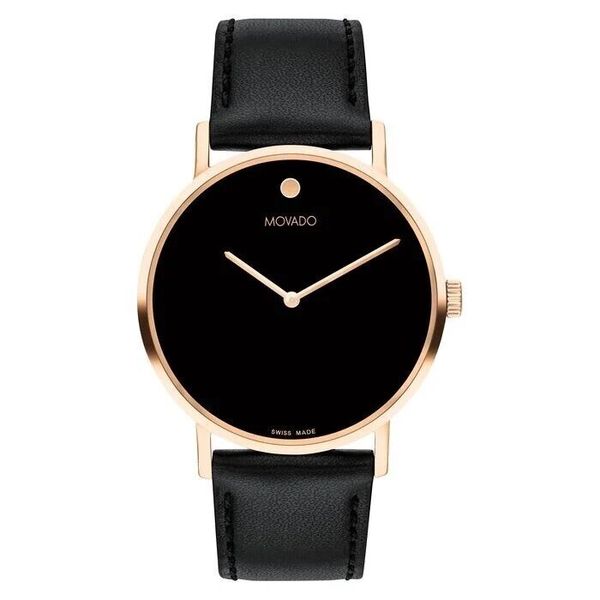Movado Signature Quartz Rose Gold Case W/ Black Leather Band Men's ...