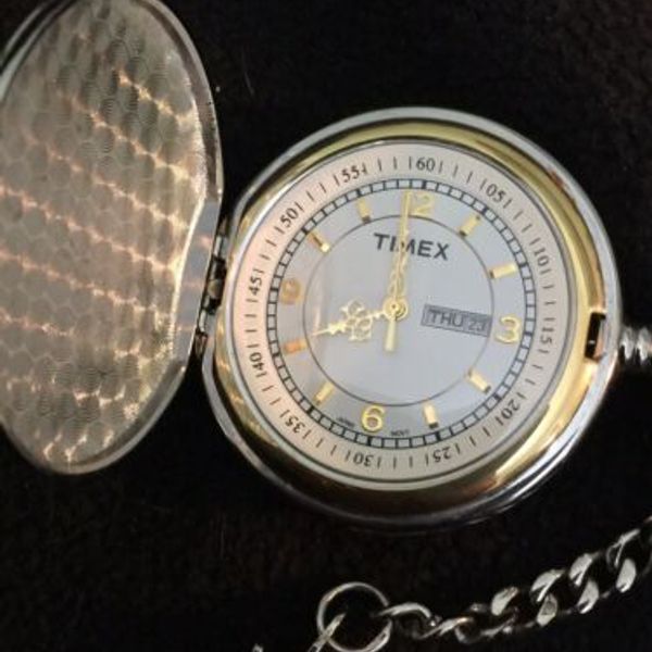 Timex Old Time Golfer Day/Date Beautiful White Face Gold Dial Pocket ...