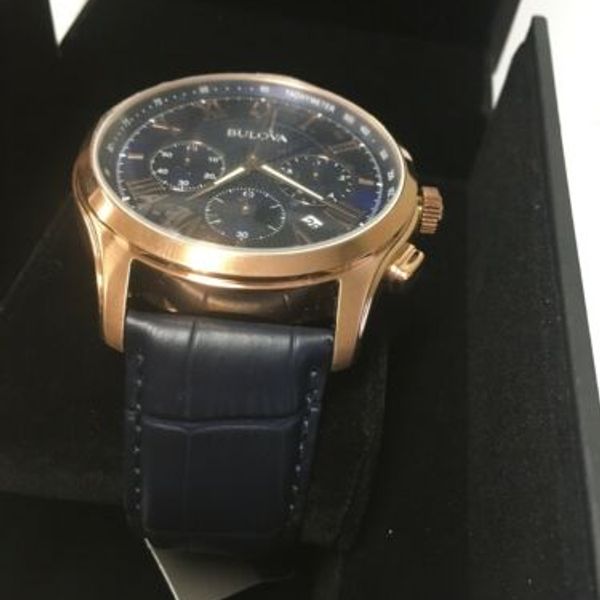BULOVA Rose Gold WILTON Blue Leather Chronograph Men's Watch - 97B170 ...