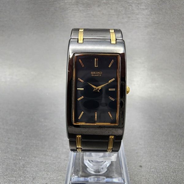 Seiko Tank Watch Men 22mm Black Dial Black Gold Tone Rectangle New ...