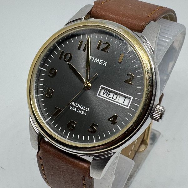 Timex Indiglo Quartz Watch Men 30m Dual Tone Day Date Leather Analog ...