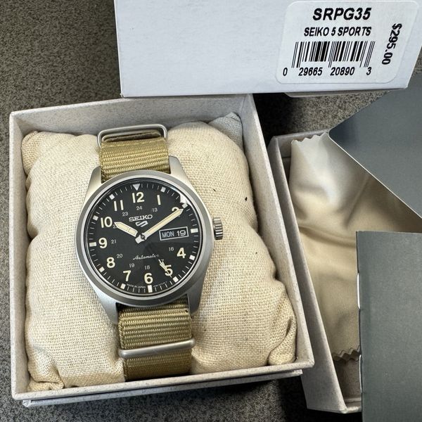 Seiko 5 Automatic Brown Nylon Band Black Dial Field Watch SRPG35 Made ...