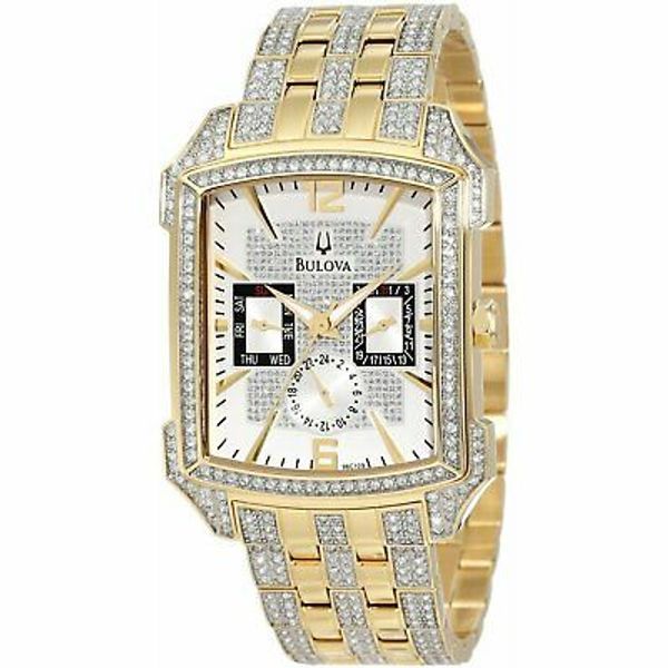 Bulova 98C109 Crystal 36MM Men's Crystal Pave Black Rubber Watch ...