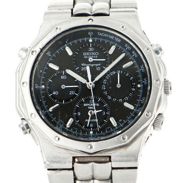 SEIKO SPORTS 150 PILOT ALARM CHRONOGRAPH DATE STEEL TACHYMETER UHR ...