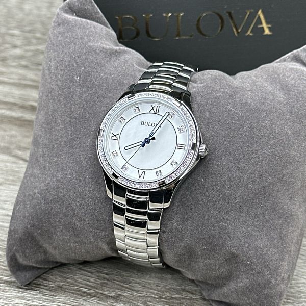 NEWâ Bulova Crystal Silver Tone White Mother of Pearl Dial Women's ...