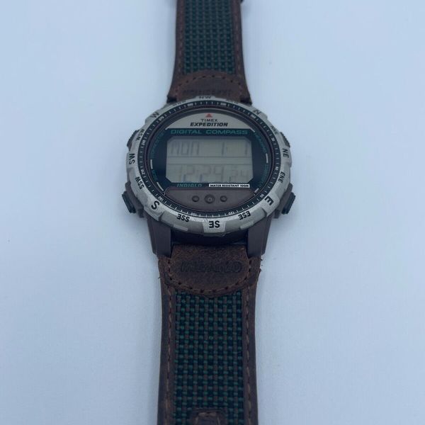 Vintage Timex Expedition Men Compass Bezel Brown Leather Digital Watch ...