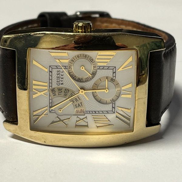 Working Men's Gold Guess Steel Quartz Watch With Working Sub Dials EX ...