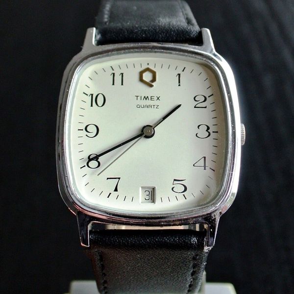 VINTAGE TIMEX Q M CELL DATE SQUARE DIAL QUARTZ MEN'S SILVER BLACK DRESS ...