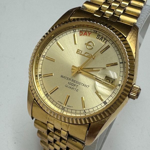 Vintage Elgin Quartz Watch Men 30m Fluted Bezel Gold Tone Day Date New ...