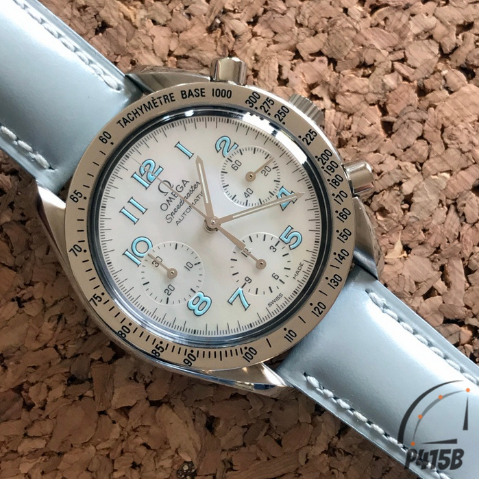 SOLD: Ladies OMEGA SPEEDMASTER Reduced MOP dial Blue Gray strap cal ...
