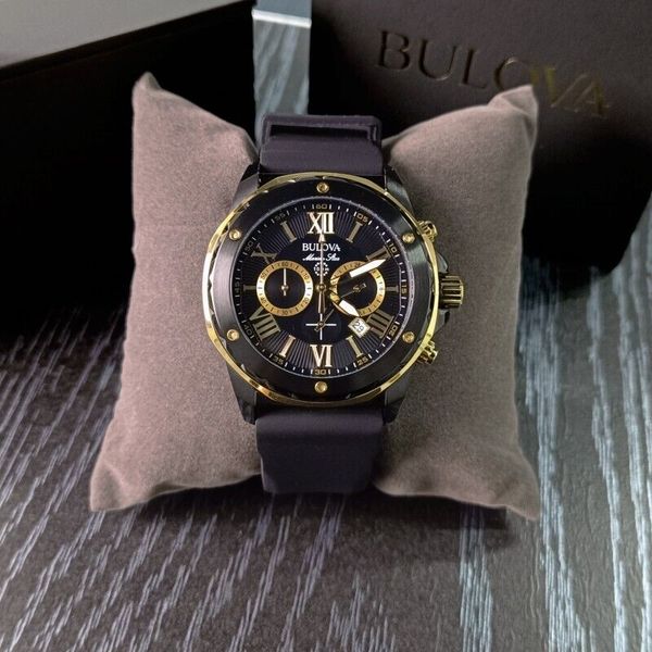 Bulova Marine Star 98B278 Black/Gold Dial Black Rubber Strap Men's ...