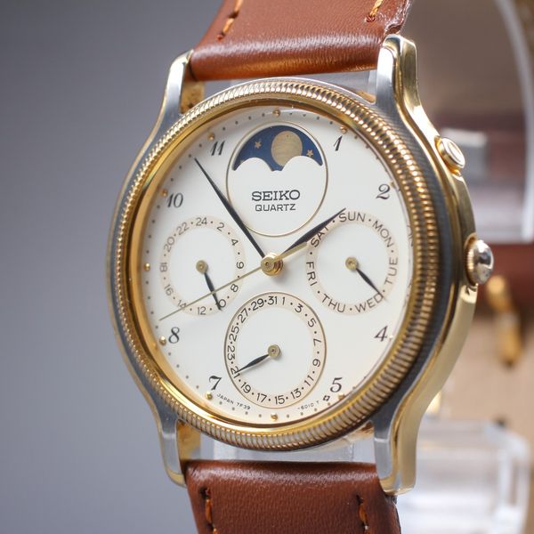 Vintage 1989 [N MINT] Seiko Moon Phase 7F39-6029 Gold Mens Qz Watch ...