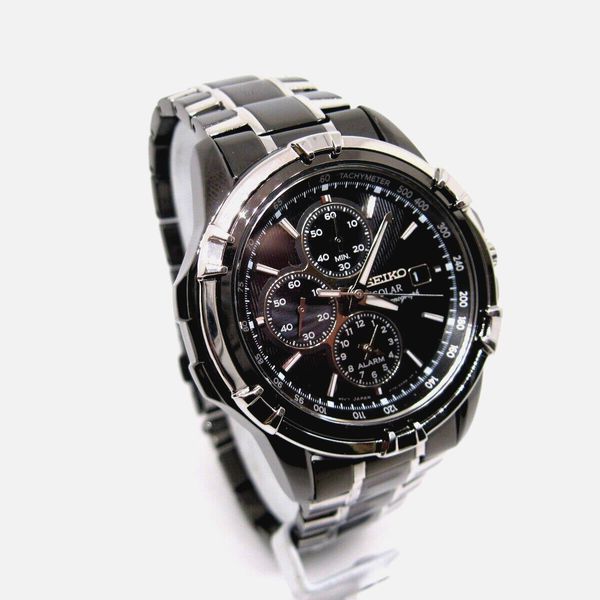 Seiko Solar Black Dial Black/Silver Band Chronograph Men's Watch ...