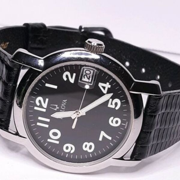 Super Vintage RARE Bulova Glow In The Dark Numbers Black Leather 34mm ...