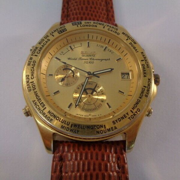 SEIKO SQ 100 MENS WATCH DATE QUARTZ WORLD TIMER CHRONOGRAPH alarm 6M15 ...