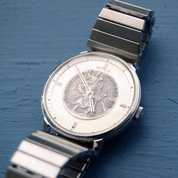 RARE Vintage 1950s Mens Benrus Stainless St. Christopher Medal Watch ...