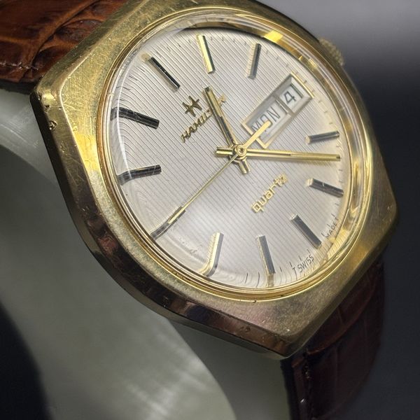 Hamilton Quartz watch day date gold tone leather band | WatchCharts ...