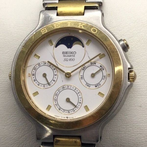 Vintage Seiko Moon Phase Watch Men Gold Silver Tone 7F38-6129 New ...
