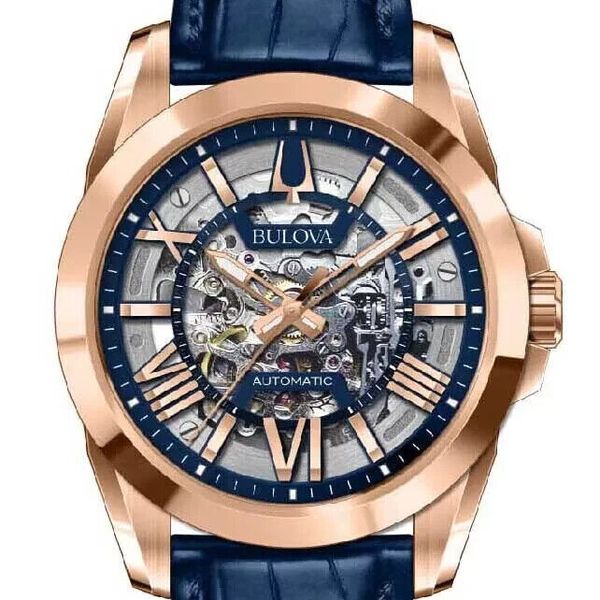 Bulova 97A161 Full Skeleton Automatic Blue Leather Band Mens Watch ...