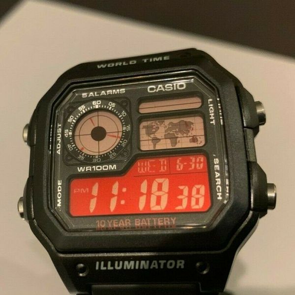CASIO World Timer AE-1200WH /w Blood Red Polarized Display, UNIQUE MOD ...