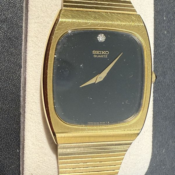 Vintage SEIKO Black Dial + Diamond Tonneau Menâ s Watch 6430-5430 Gold ...