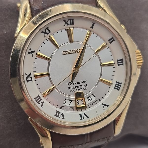 Seiko Premier Perpetual Calendar 40mm White Dial Brown Leather Men's ...