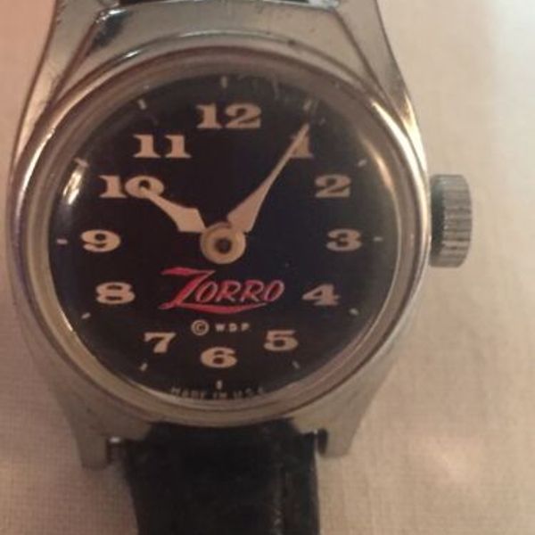 Vintage 1950s Zorro Watch Manual Wind Black Leather Band US Time Timex ...