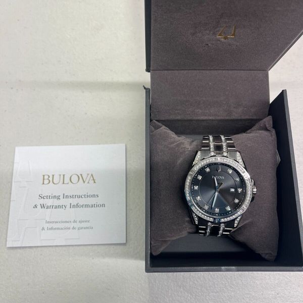 Bulova Quartz Crystal Accents Black Dial Silver Watch 43mm 96K105 - NEW ...