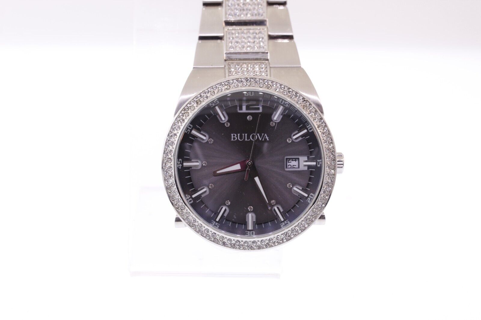 Men's Bulova 96B221 Stainless Steel Crystals Quartz Grey Dial Watch ...