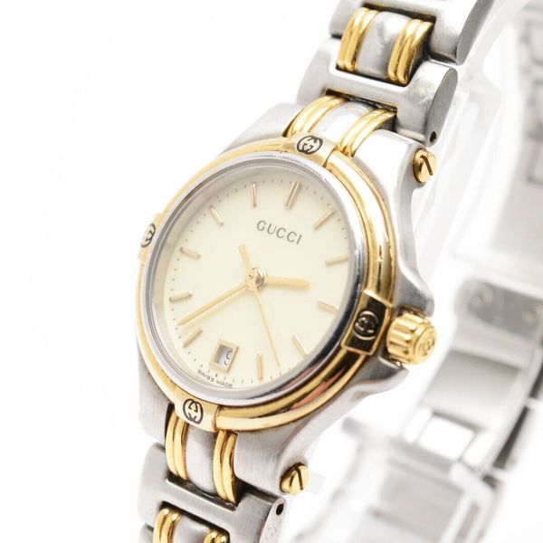 [N MINT in Box] Vintage Gucci 9040L Gold Dial Silver Quartz Women's ...