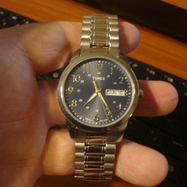 Timex T2M933 Men's Silver-Tone Expansion Watch Indiglo, Day/Date, Blue ...