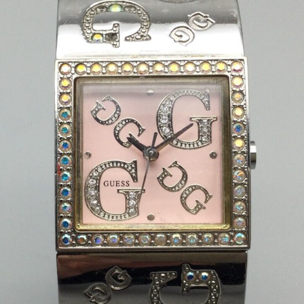 Guess Watch Women 26mm Silver Tone Square Pink Dial Pave Logo New ...