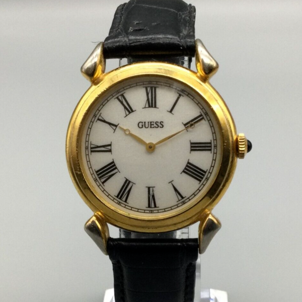 Vintage Guess Watch Unisex Gold Tone 1992 Round Leather Band New ...