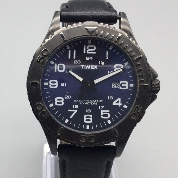 Timex Watch Men 41mm Silver Tone Blue Dial Date Black Leather Band New ...