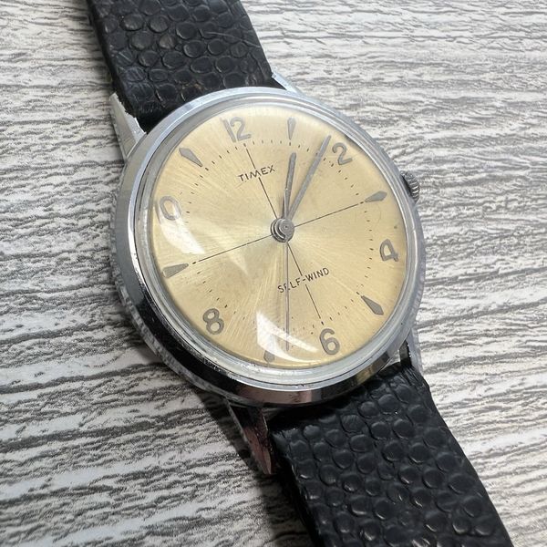 VINTAGE TIMEX AUTOMATIC MECHANICAL SELF-WIND MEN'S GOLD BlACK LEATHER ...