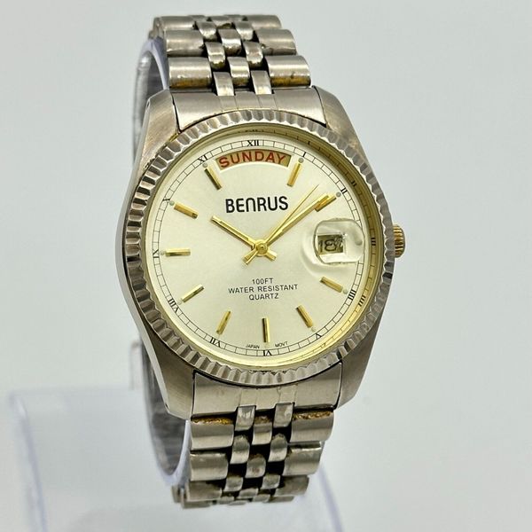 Men's BENRUS Silver Tone President Style Day/Date Quartz Bracelet Watch ...
