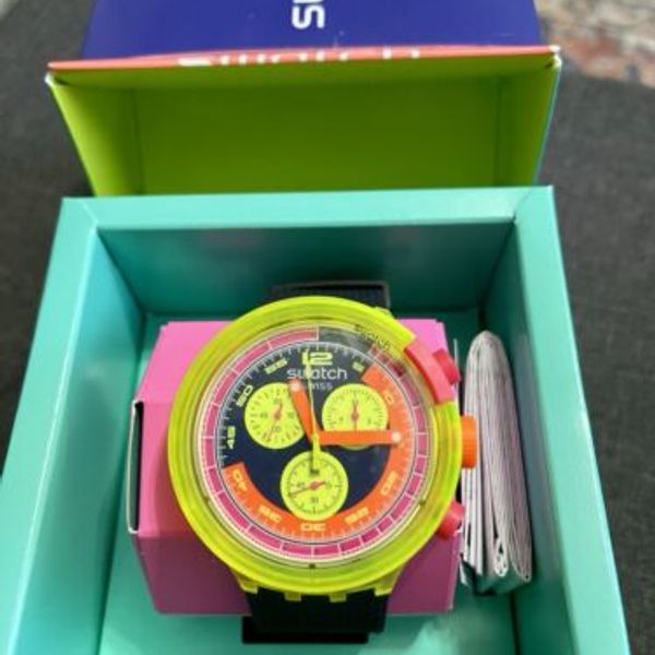 SWATCH NEON TO THE MAX SB06J100 BIG BOLD CHRONO WATCH SWISS NEW IN BOX ...