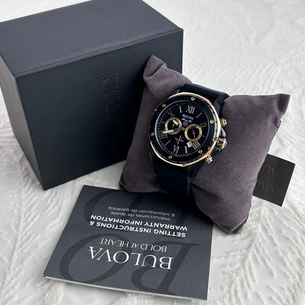 Bulova Marine Star 98B278 Gold,Black Dial Silicon Band Men's Quartz ...