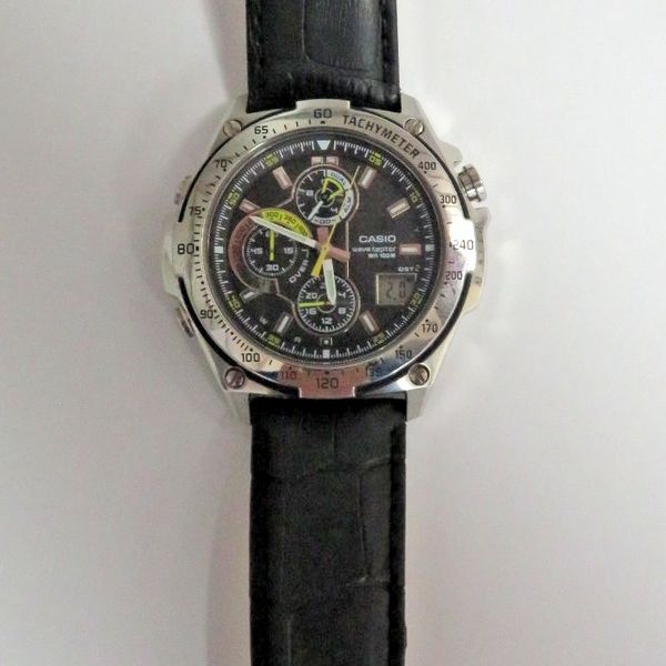 CASIO WAVE CEPTOR 1/100 CHRONOGRAPH STAINLESS STEEL LEATHER STRAP WR ...