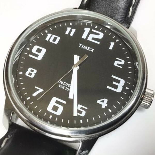 Timex Men's Watch T28071 Indiglo Black Dial 43mm Analog Quartz Leather ...