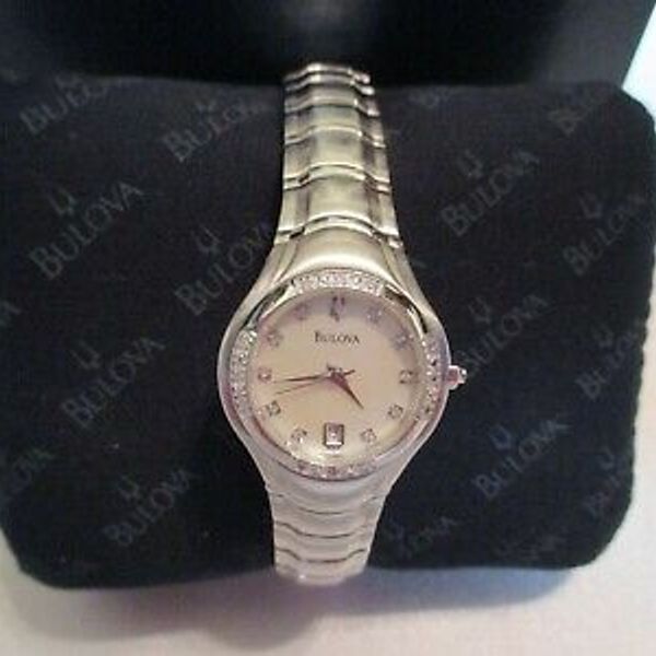 BULOVA STAINLESS STEEL MOTHER OF PEARL DIAMOND WATCH BOX NEW BATTERY ...